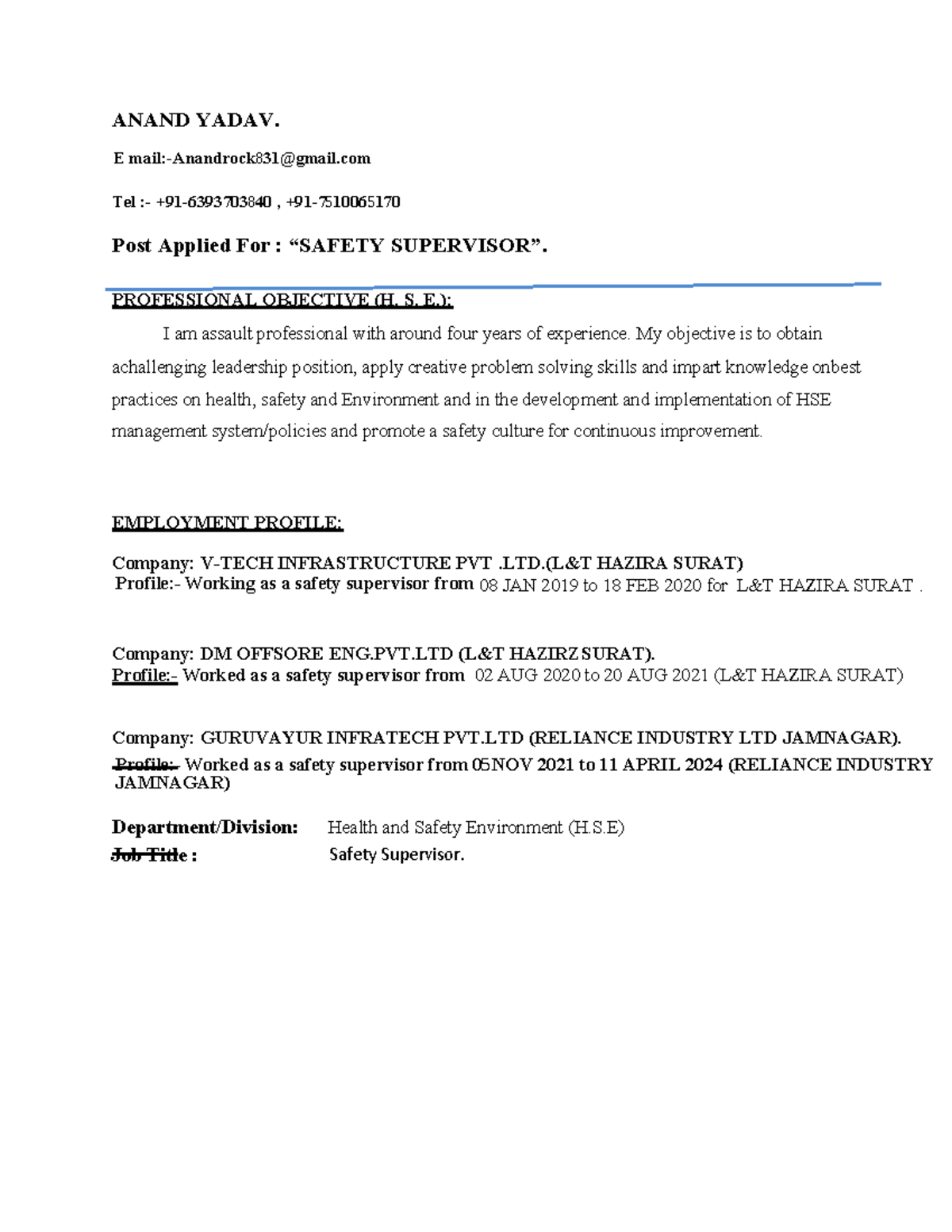 Mani 's cv jan 24 - PROFESSIONAL OBJECTIVE (H. S. E.): achallenging ...