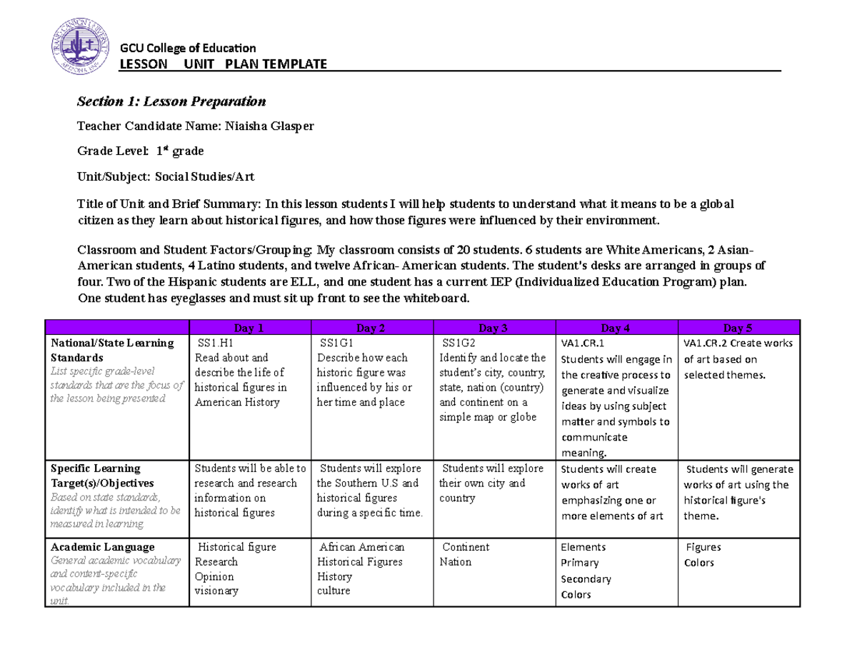 Benchmark Social Studies and The arts unit plan - Section 1: Lesson ...