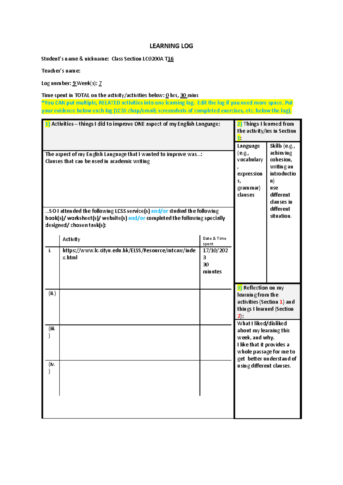 Academic writing 4 - Learning log - LEARNING LOG Student’s name ...