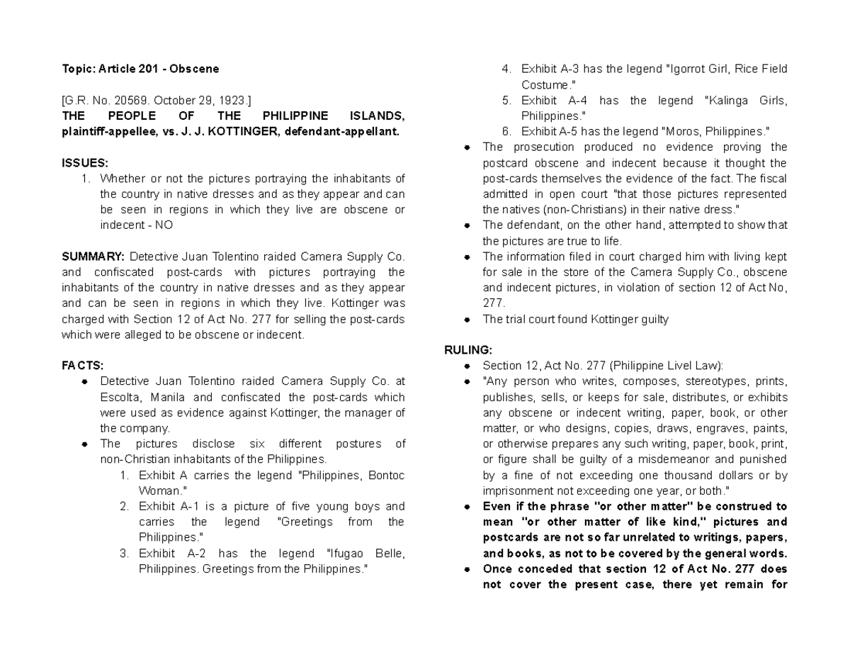 Crim 2 Digests 8 - Topic: Article 201 - Obscene [G. No. 20569. October ...