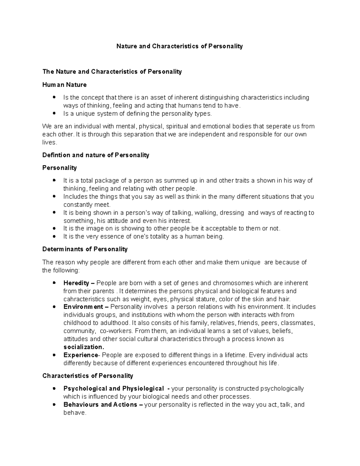 Nature and Characteristics of Personality - Is a unique system of ...