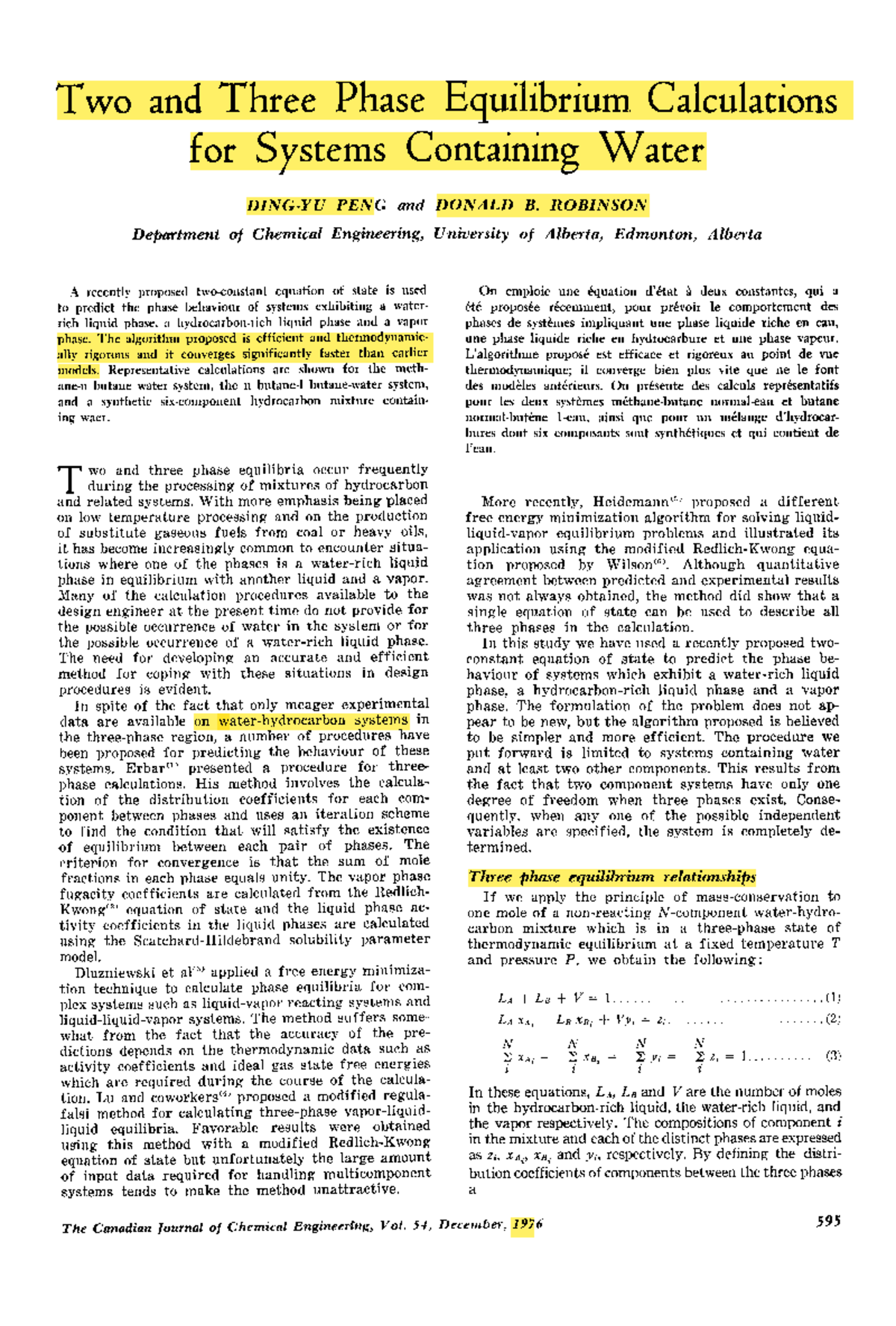 1976 Peng Robinson Two and Three Phase Equilibrium. Calculations - Two and Three Phase ...