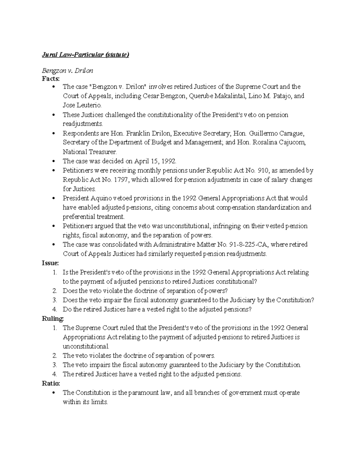 Philo cases - Jural Law-Particular (statute) Bengzon v. Drilon Facts ...