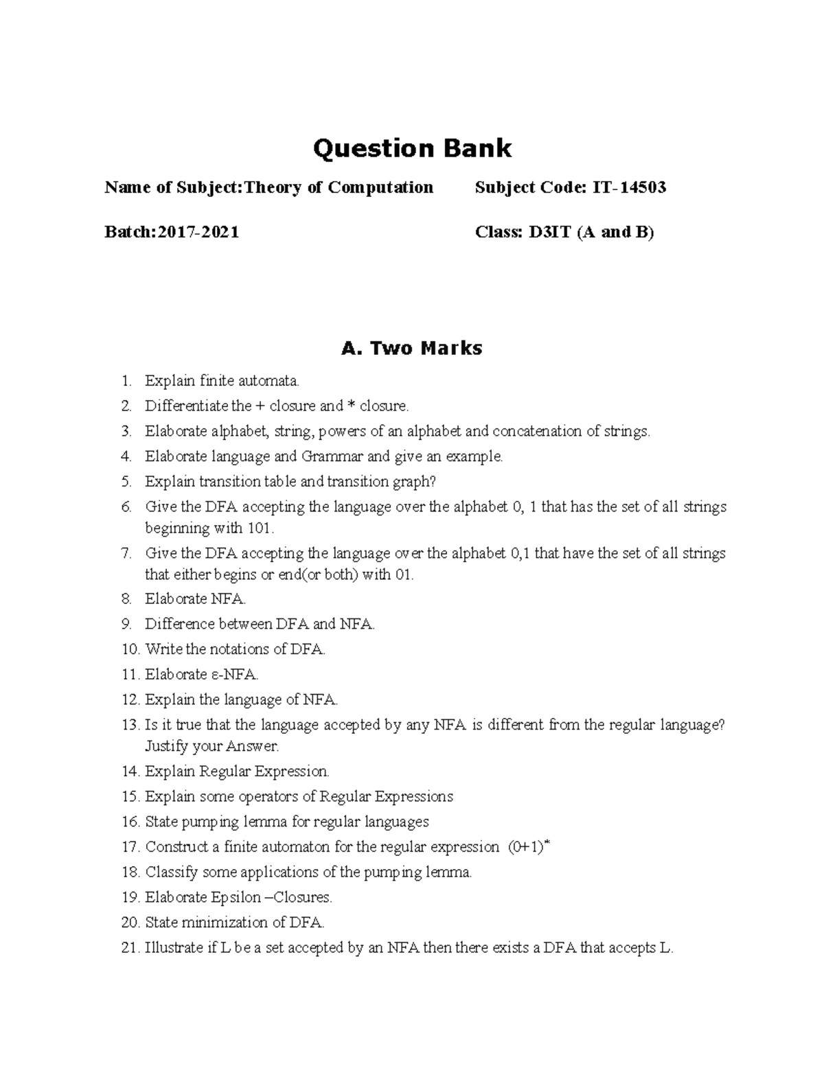 Theory Of Computation It 14503 Question Bank Name Of Subjecttheory Of Computation Subject