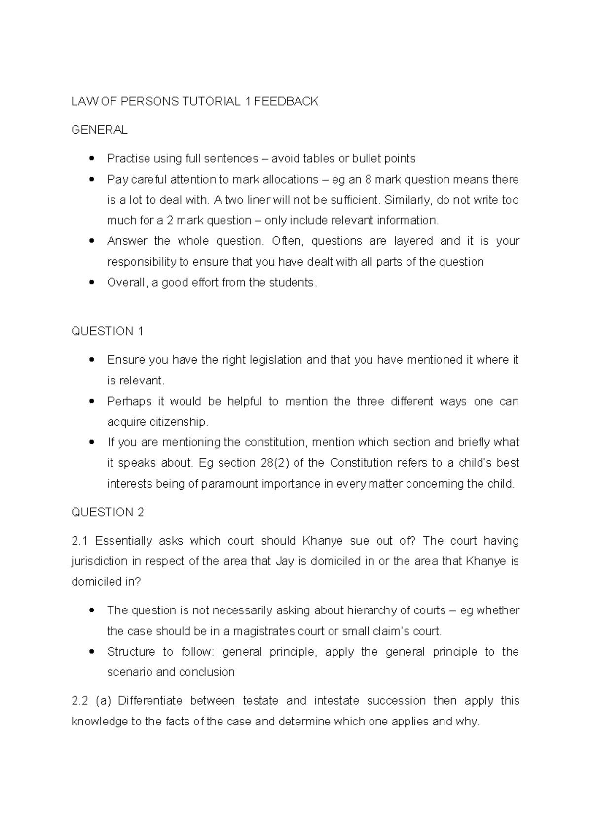 LAW OF Persons Tutorial 1 Feedback - LAW OF PERSONS TUTORIAL 1 FEEDBACK ...