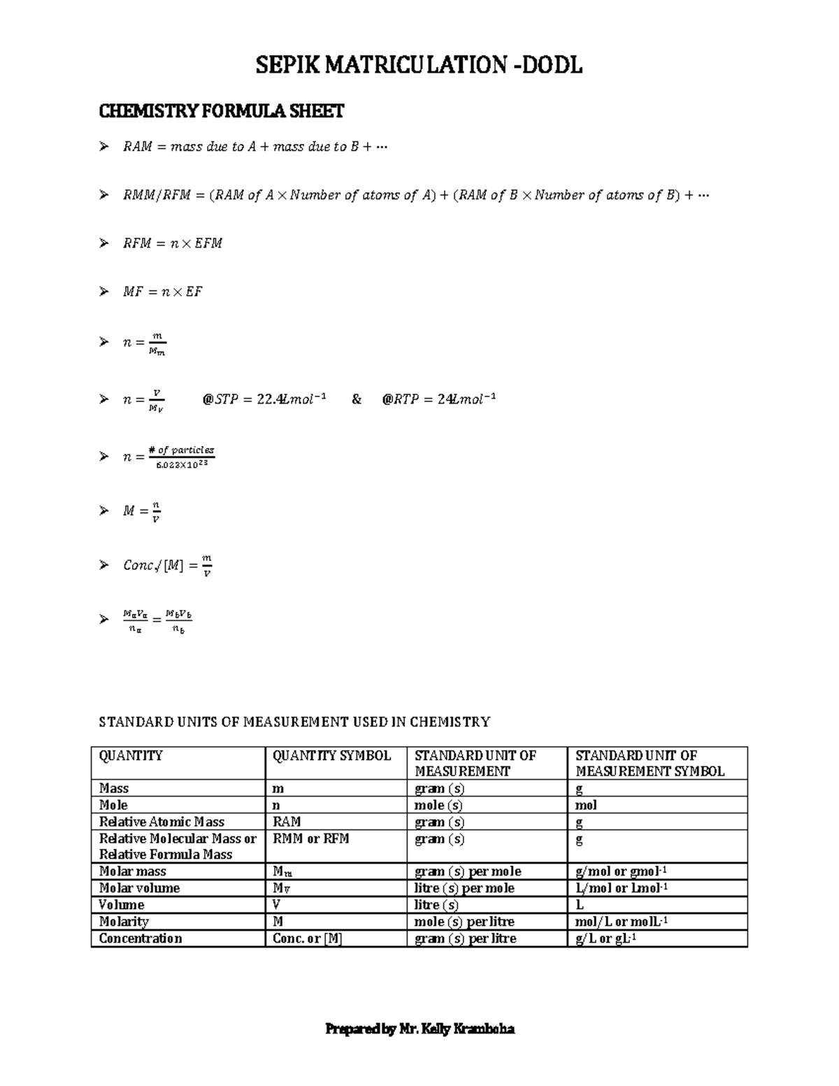 Chemistry Formula Sheet SEPIK MATRICULATION DODL Prepared By Mr chemistry-formula-sheet-sepik-matriculation-dodl-prepared-by-mr