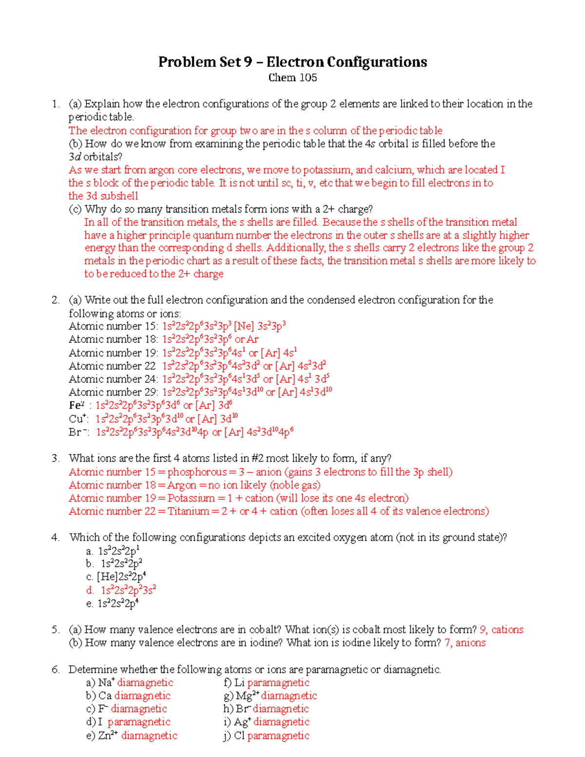 Electron Configuration Worksheet Answers Key