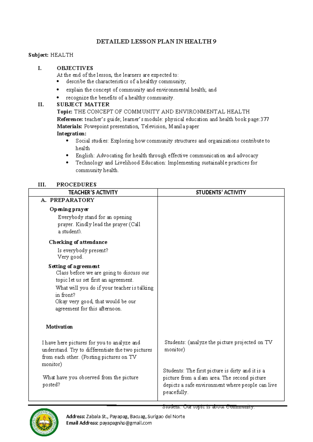 CO1 Health 9Q1- Health - ... - DETAILED LESSON PLAN IN HEALTH 9 Subject ...