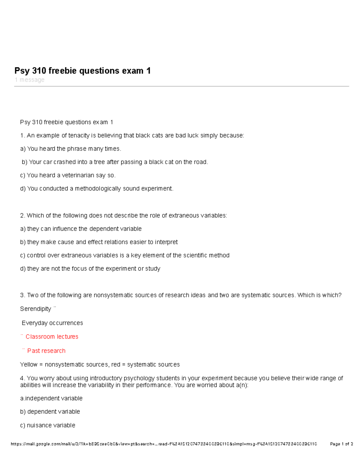 Gmail - Psy 310 freebie questions exam 1 - - Studocu