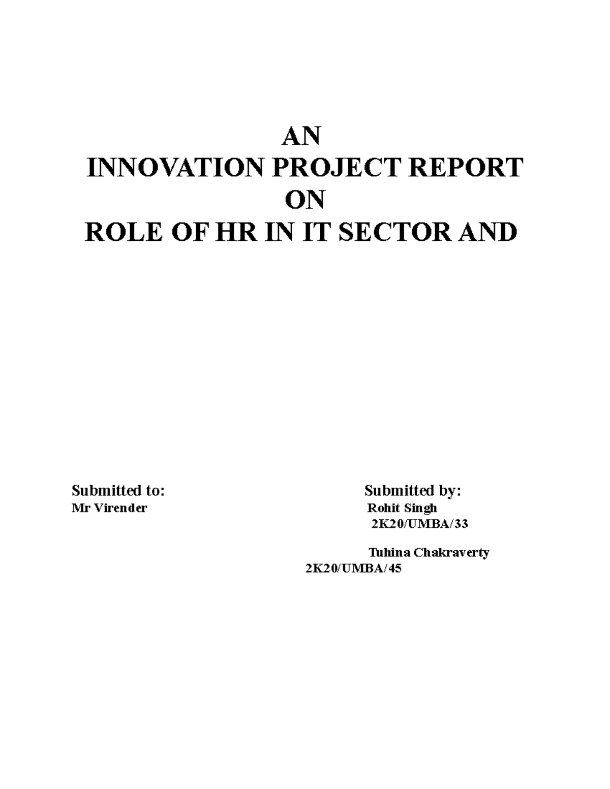 ITIM Project - AN INNOVATION PROJECT REPORT ON ROLE OF HR IN IT SECTOR ...