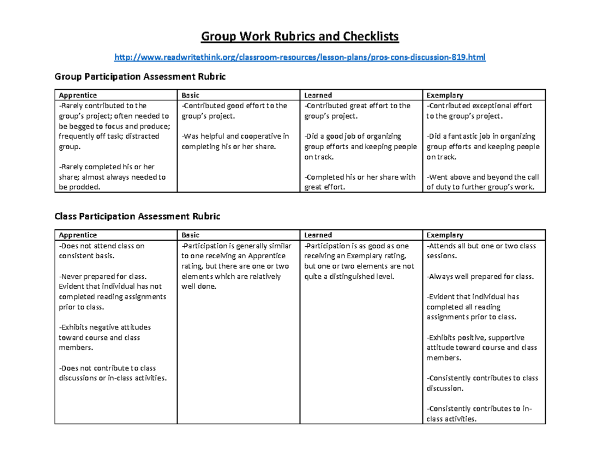 Group Work Rubrics Checklists - Group Work Rubrics and Checklists - Studocu
