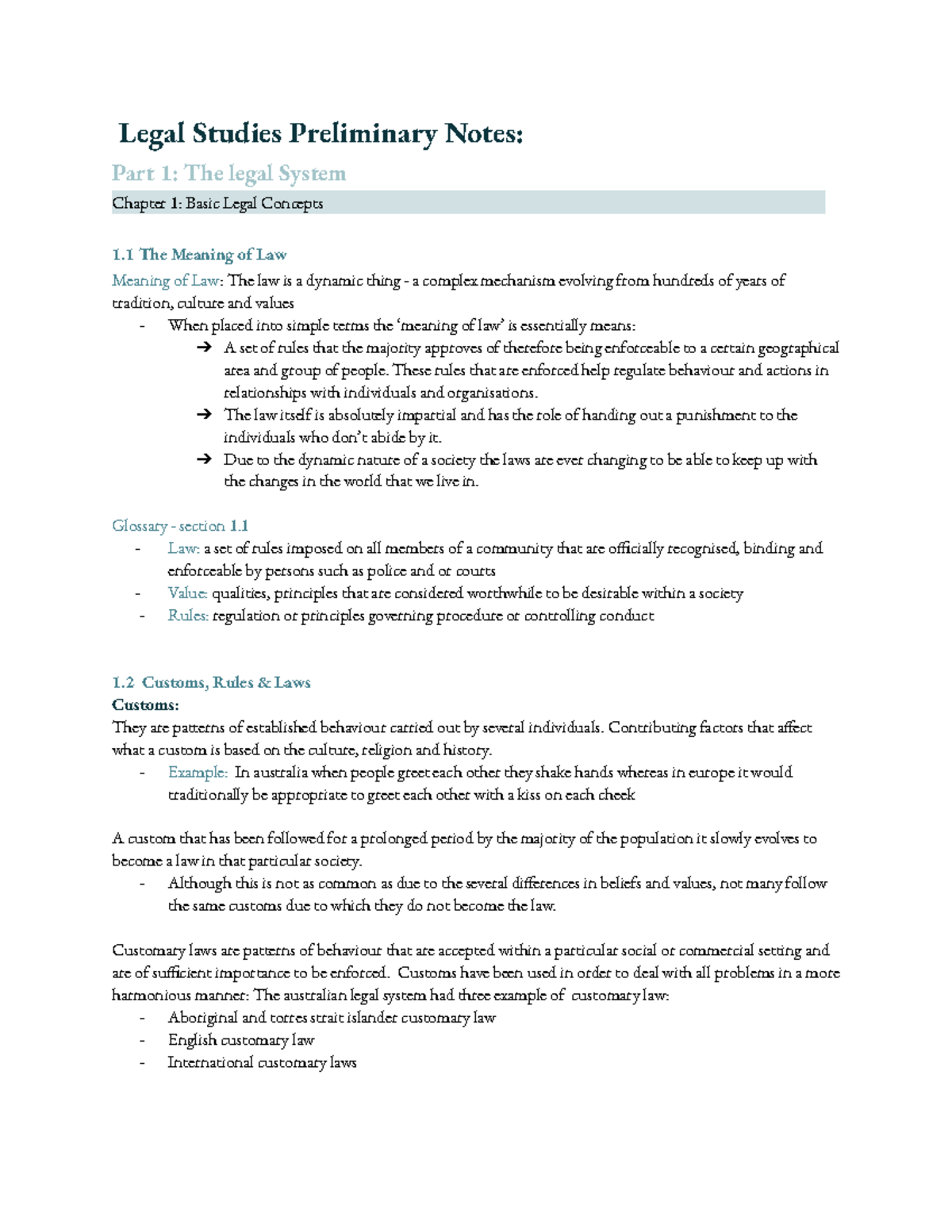 Legal Studies Preliminary Notes - These rules that are enforced help ...