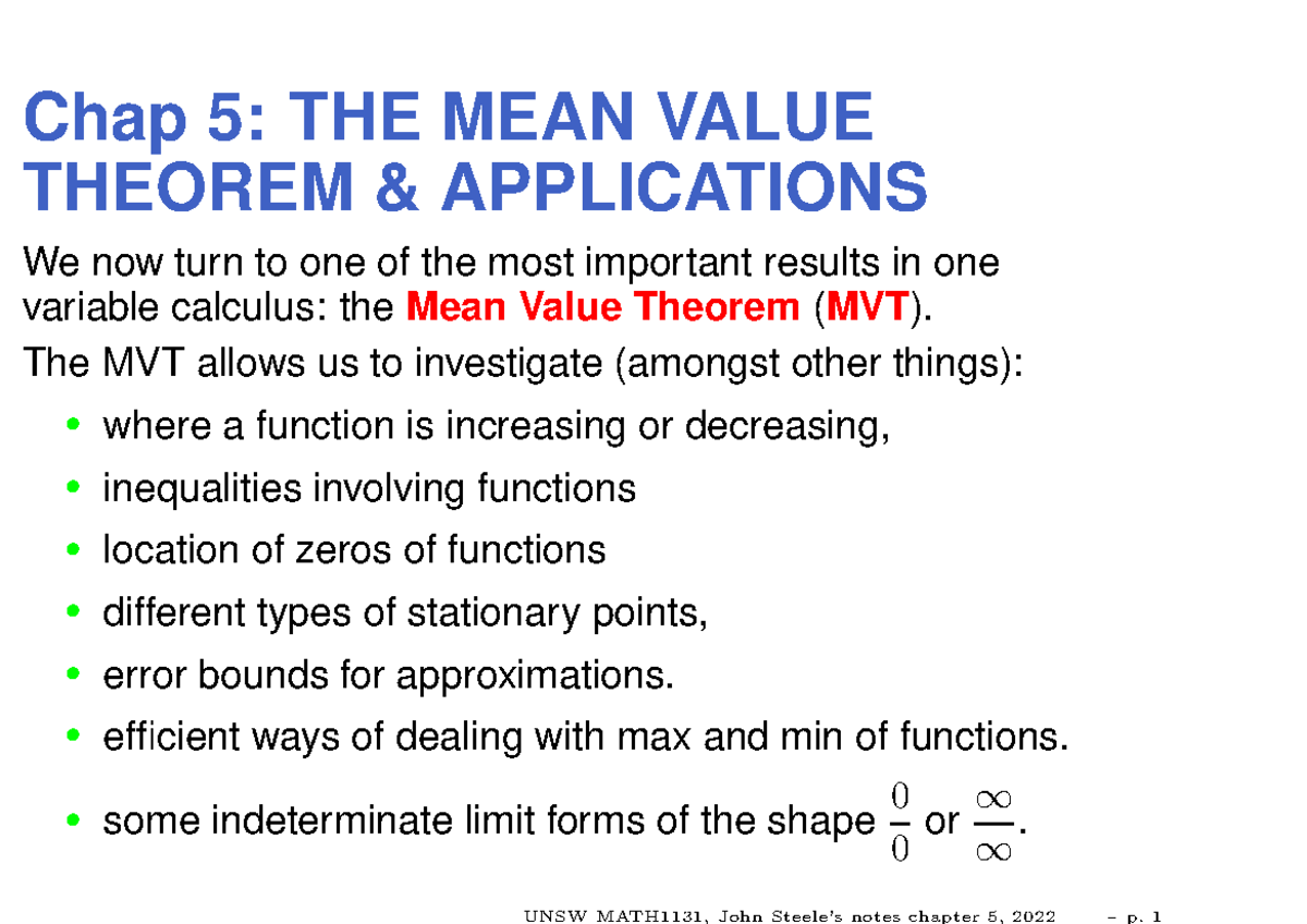 Calculus chap05 1pp - Chap 5: THE MEAN VALUE THEOREM & APPLICATIONS We ...