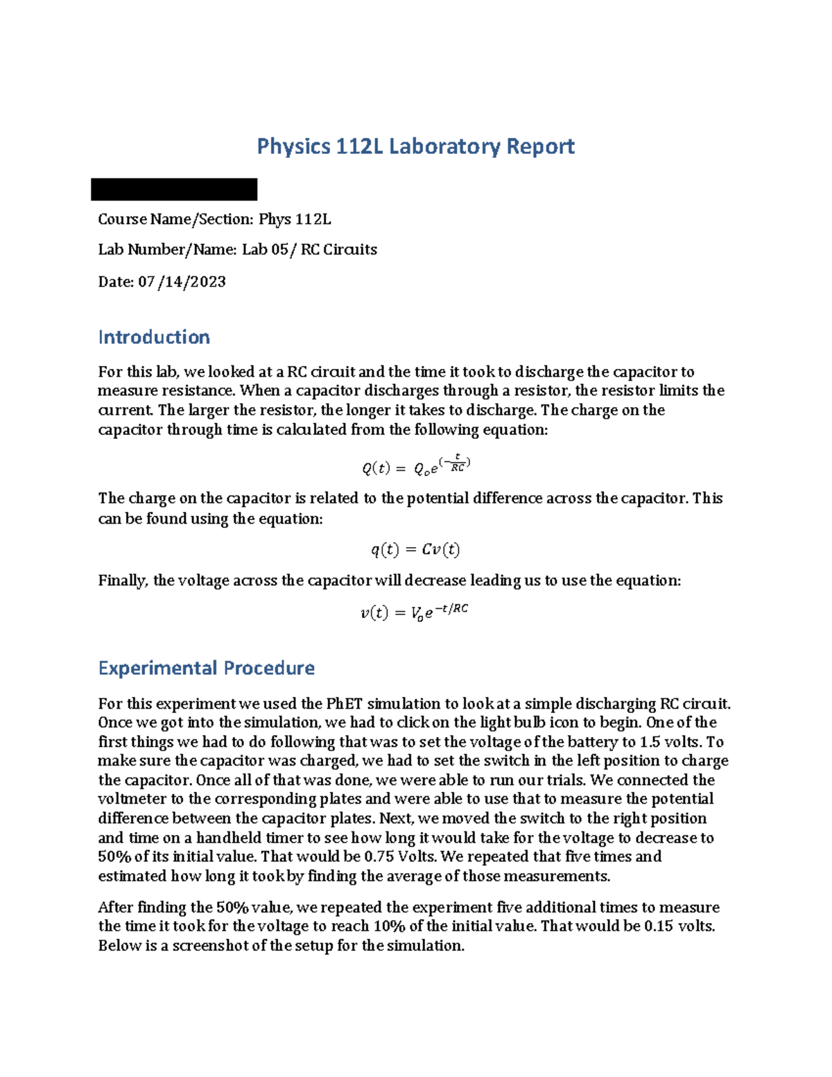 Lab 05 - lab report 5 - Physics 112L Laboratory Report Name: Kinsey ...