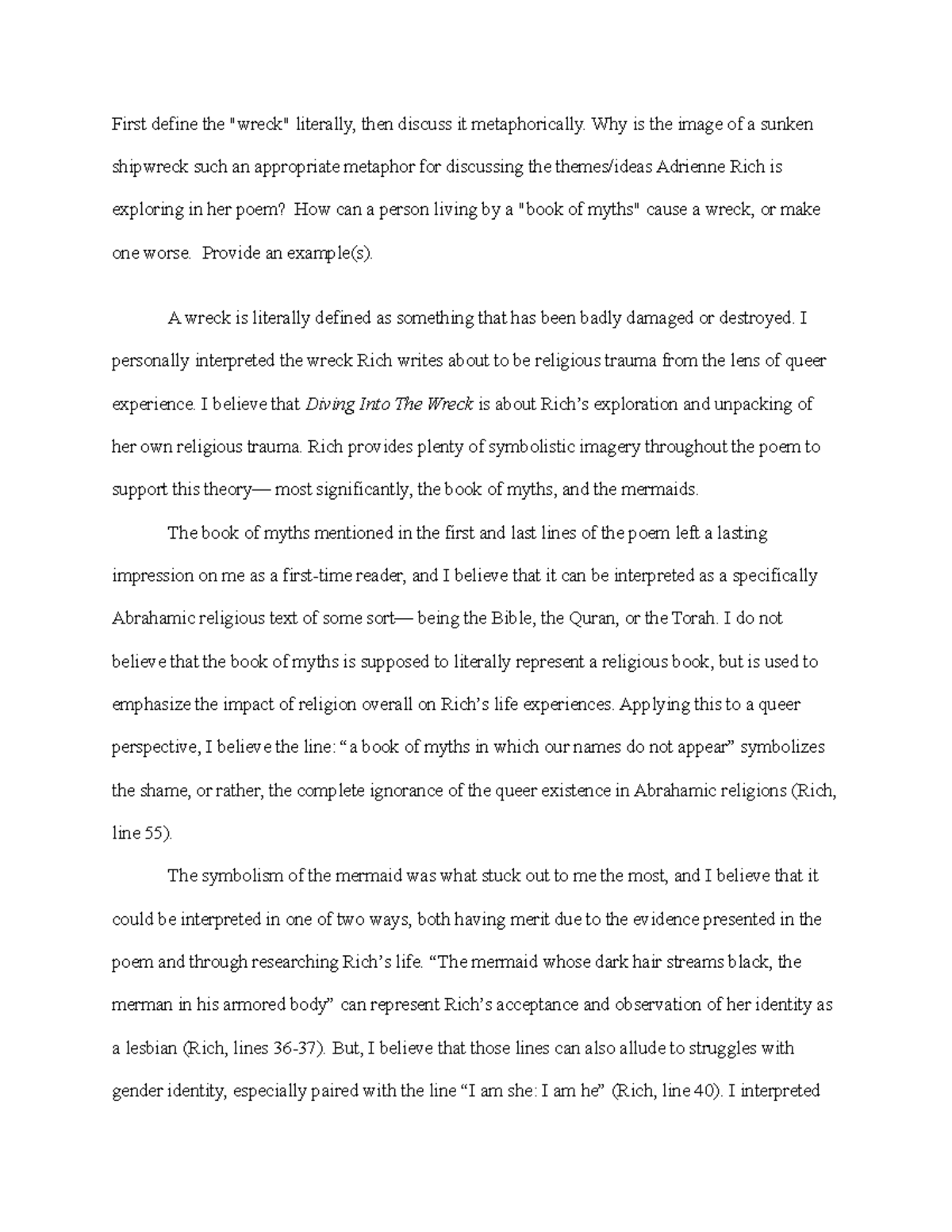 “Diving Into The Wreck” Response (WRIT 106) - First define the "wreck ...