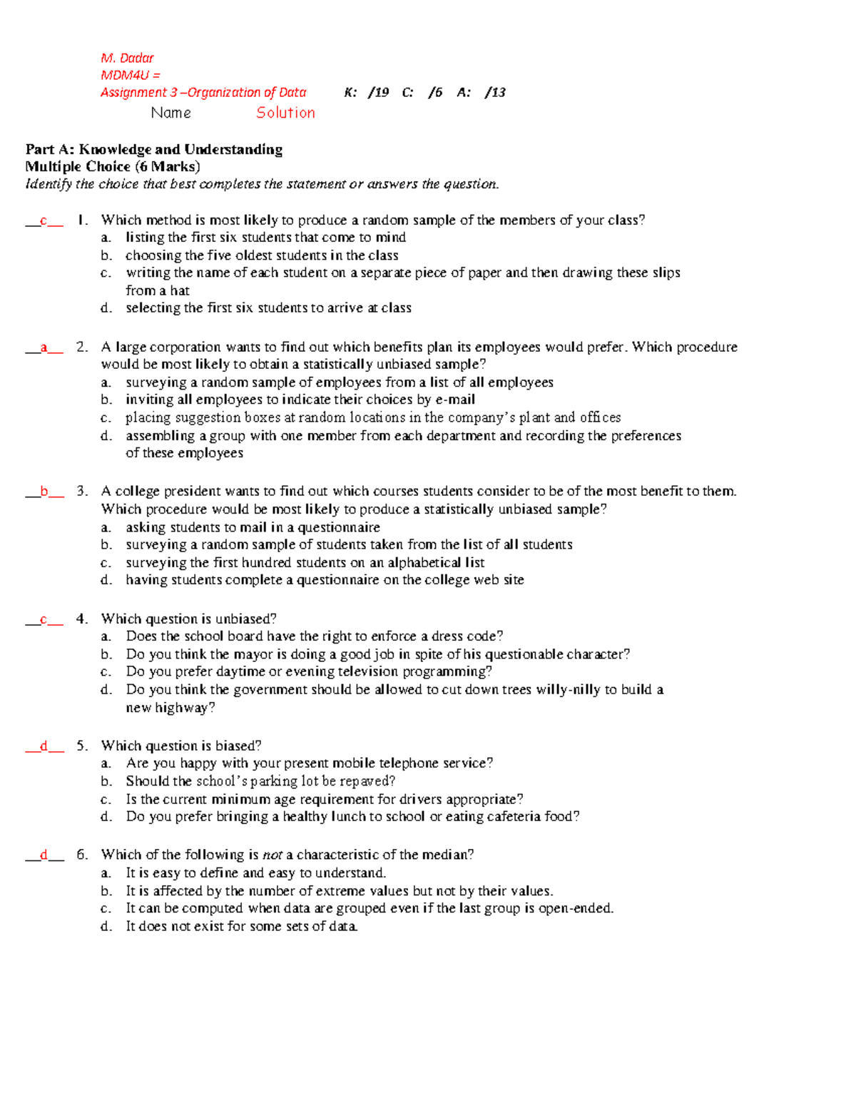 Assignment 3 - solution - MDM4U = Assignment 3 –Organization of Data K ...