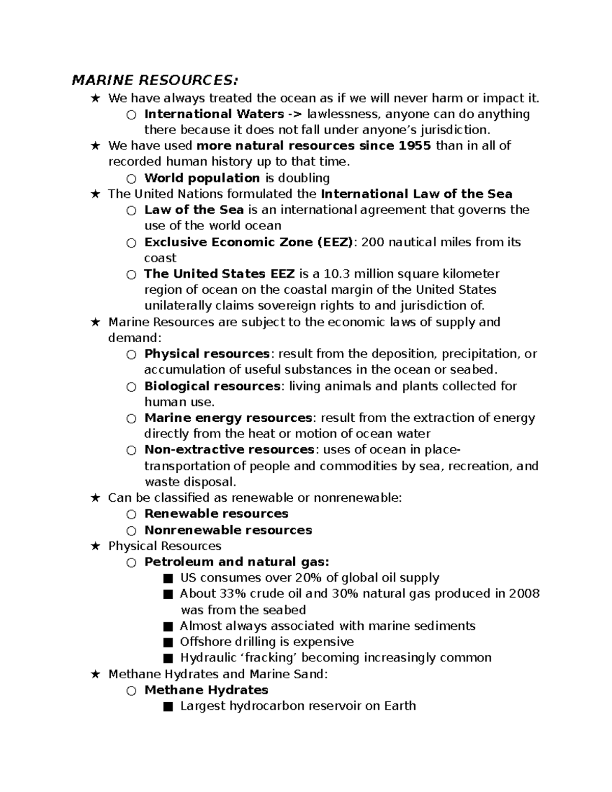 Oceanography Final Notes - MARINE RESOURCES: ★ We have always treated ...