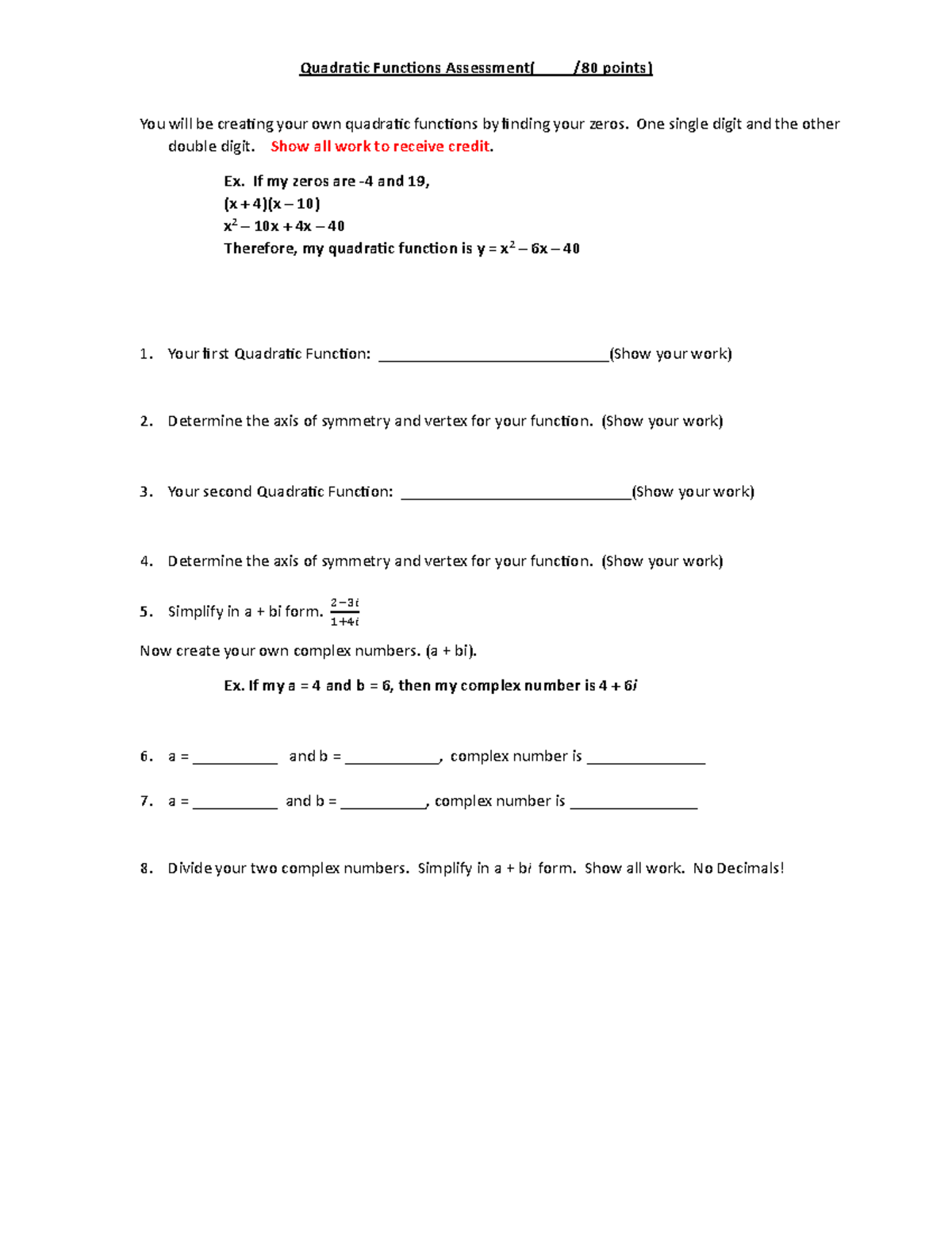 Quadratic Functions Assessment - One single digit and the other double ...