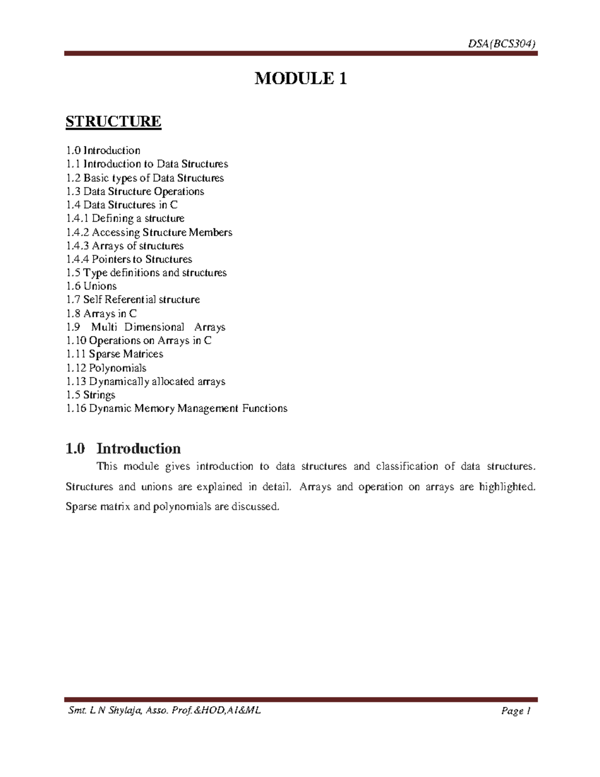 DSA-Module 1 - nil - Smt. L N Shylaja, Asso. Prof.&HOD,AI&ML Page 1 MODULE 1 STRUCTURE 1 - Studocu