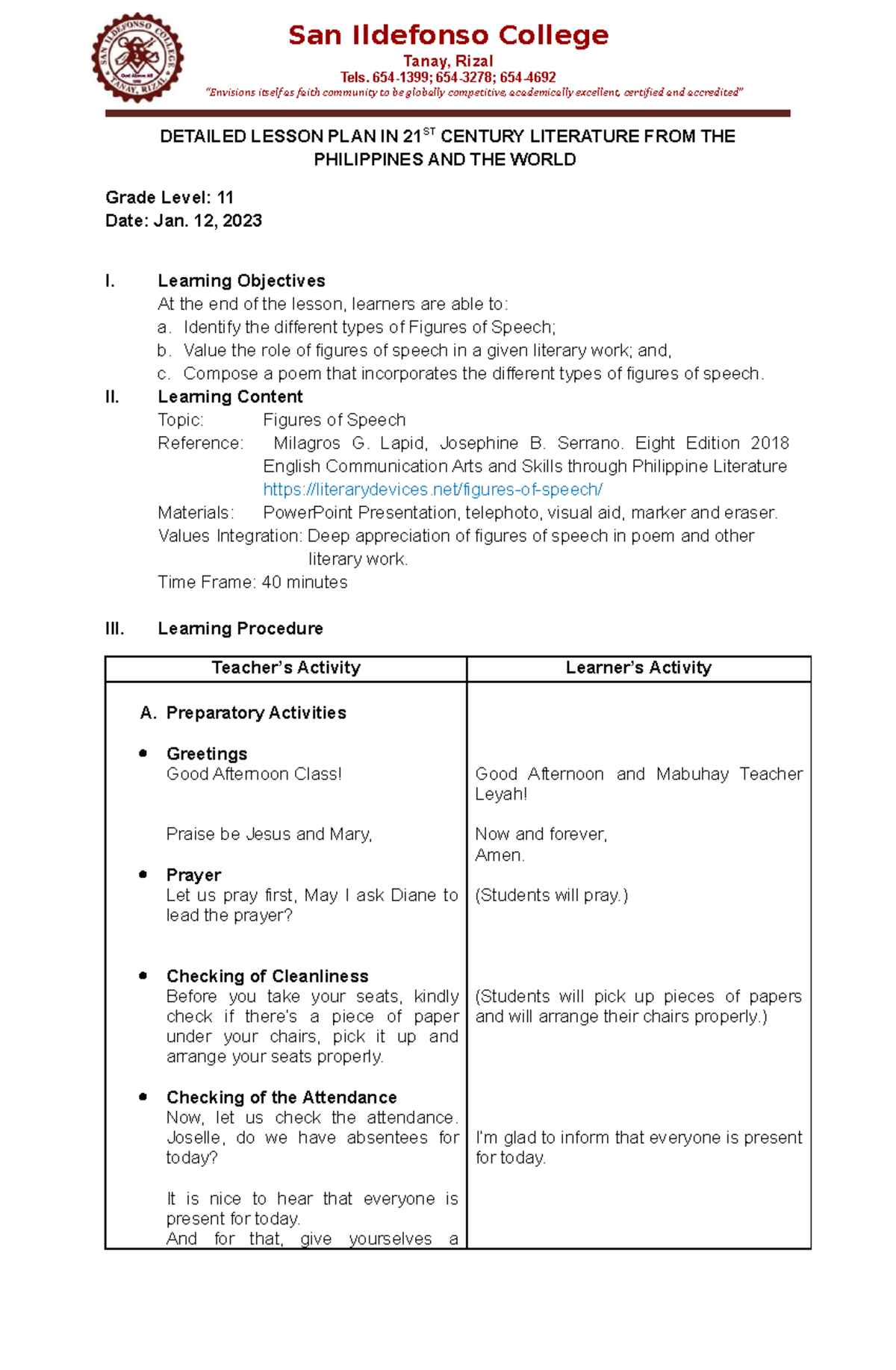 Leyah - lesson plan - Tanay, Rizal Tels. 654-1399; 654-3278; 654 ...