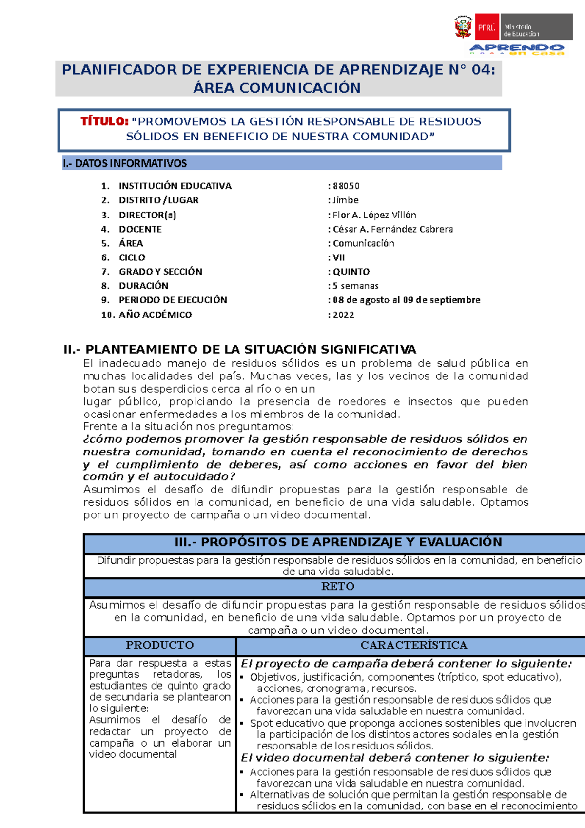 5. Planificador EXP 5 Quinto - PLANIFICADOR DE EXPERIENCIA DE APRENDIZAJE N° 04: ÁREA ...