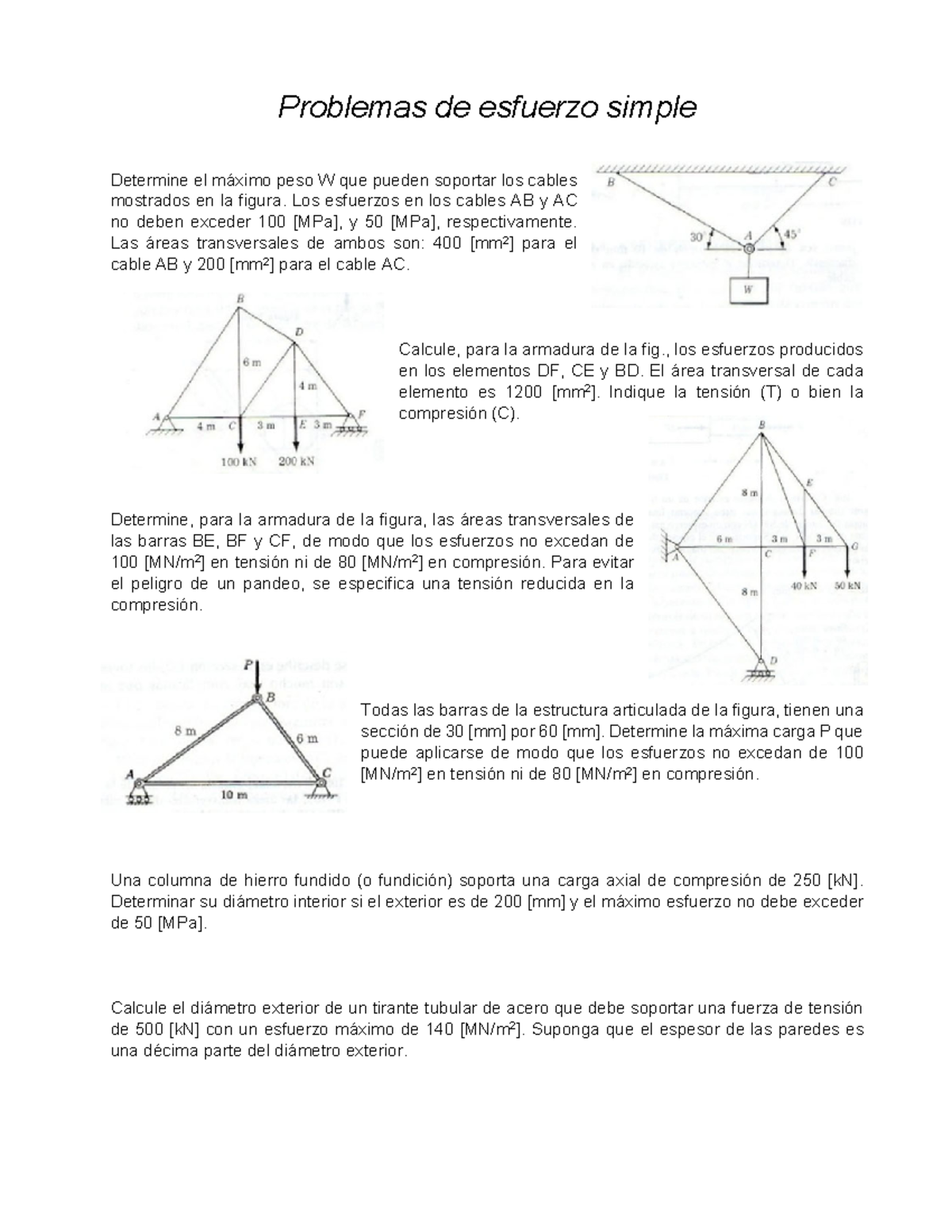 1 Problemas de esfuerzo simple - Problemas de esfuerzo simple Determine el m·ximo peso W que ...