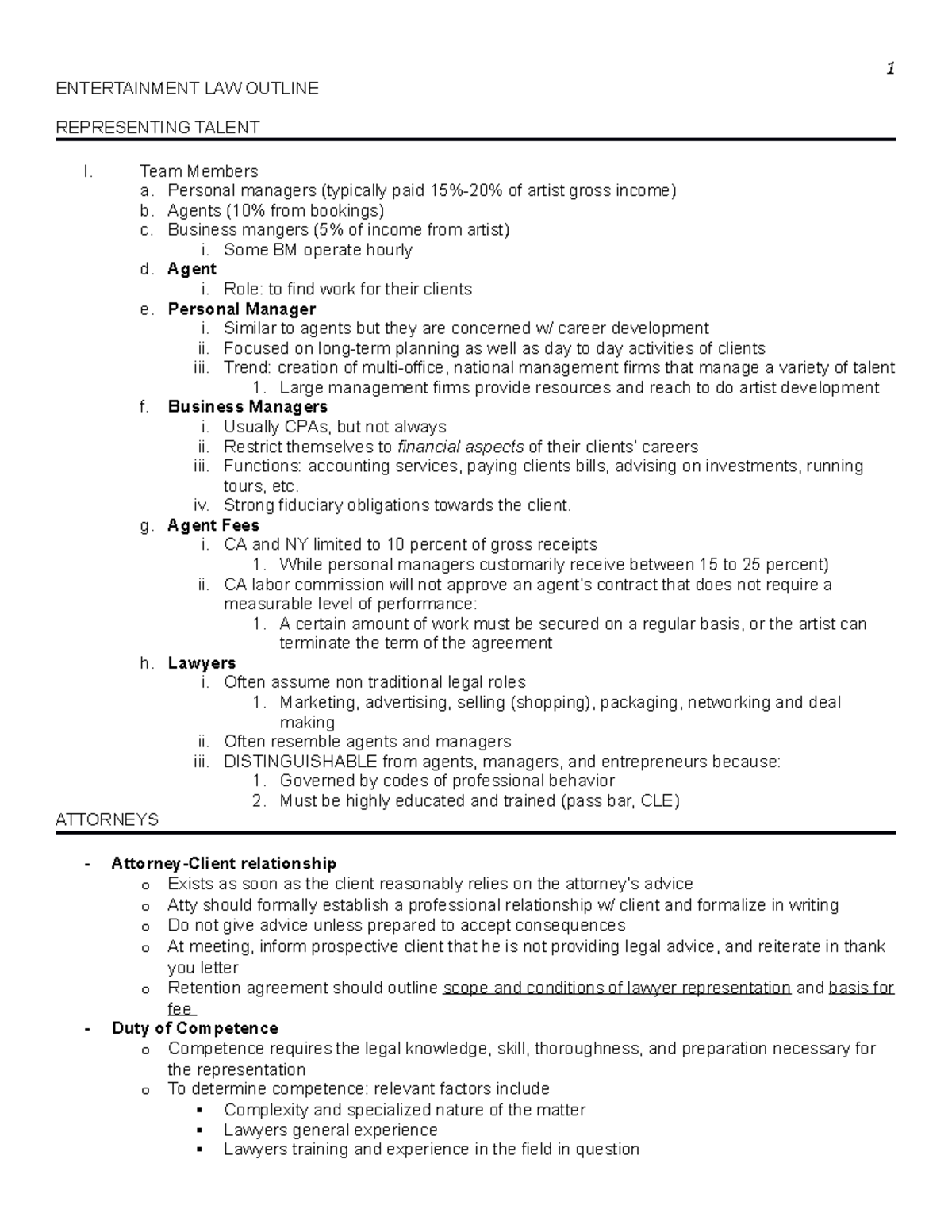 Mc Cullough Entertainment Law Spring 2023 - ENTERTAINMENT LAW OUTLINE ...
