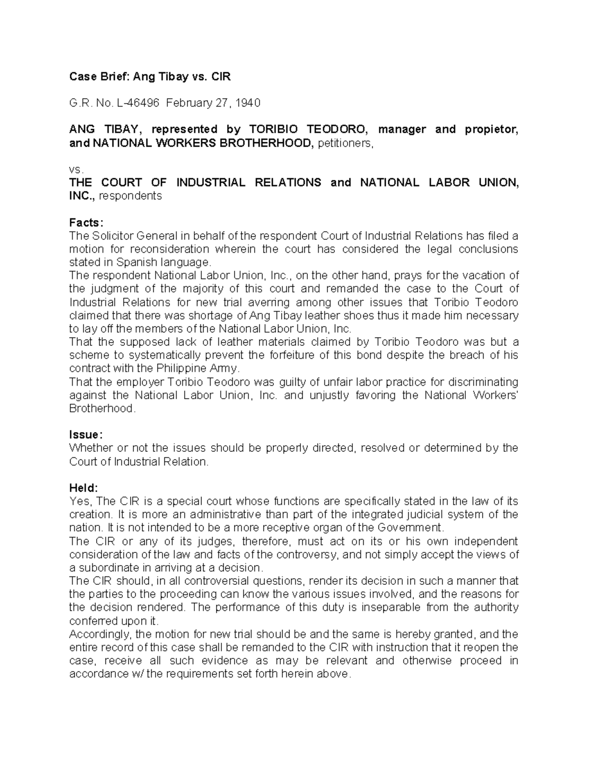 Ang Tibay v CIR, 69 Phil 635 - Case Brief: Ang Tibay vs. CIR G. No. L ...