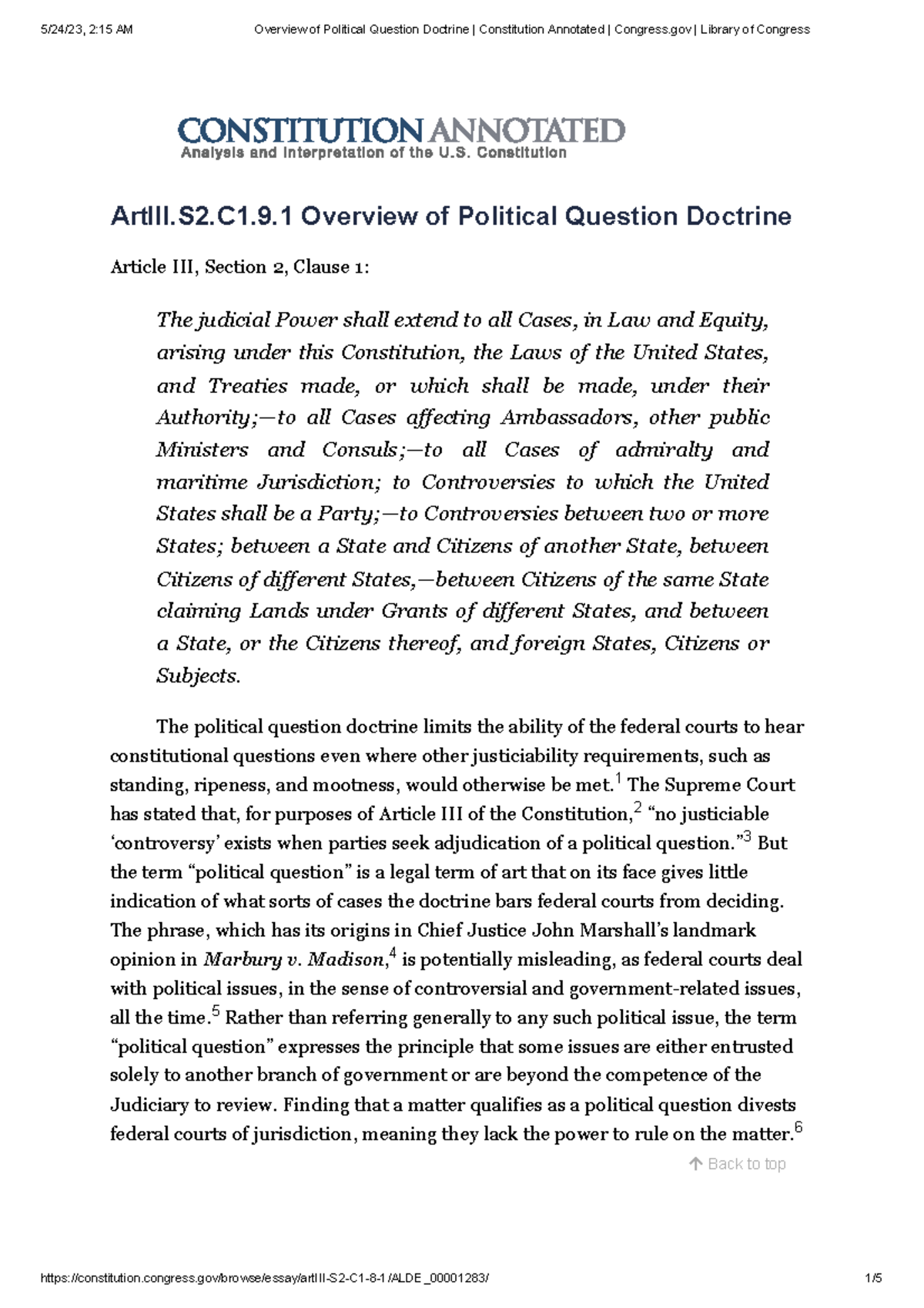 Overview of Political Question Doctrine Constitution Annotated Congress ...
