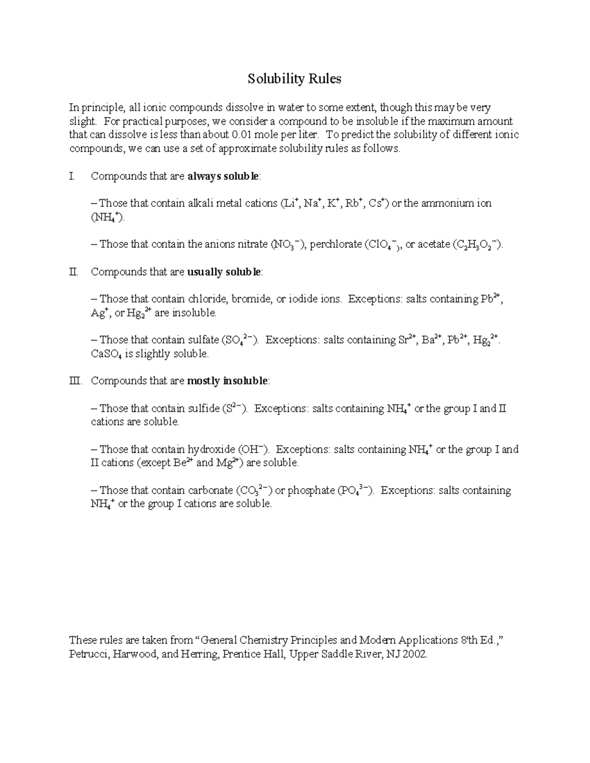 Solubility Rules - For practical purposes, we consider a compound to be ...