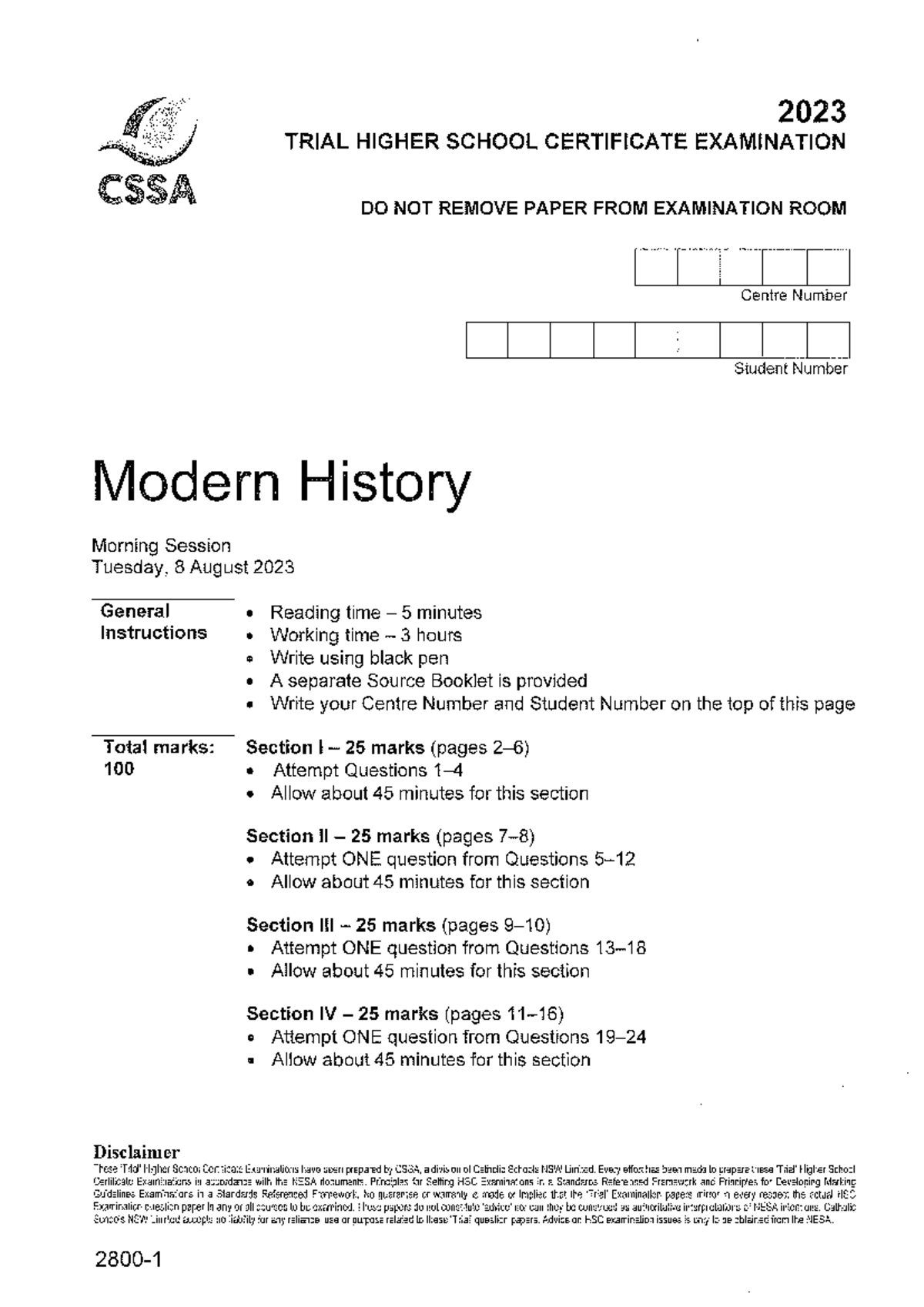 CSSA Modern History 2023 EXAM - 2023 TRIAL HIGHER SCHOOL CERTIFICATE ...