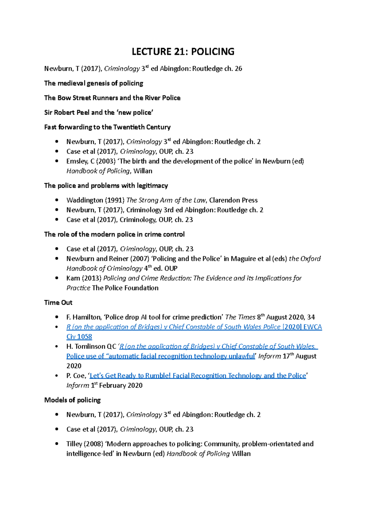 Lecture 21 Policing - LECTURE 21: POLICING Newburn, T (2017 ...