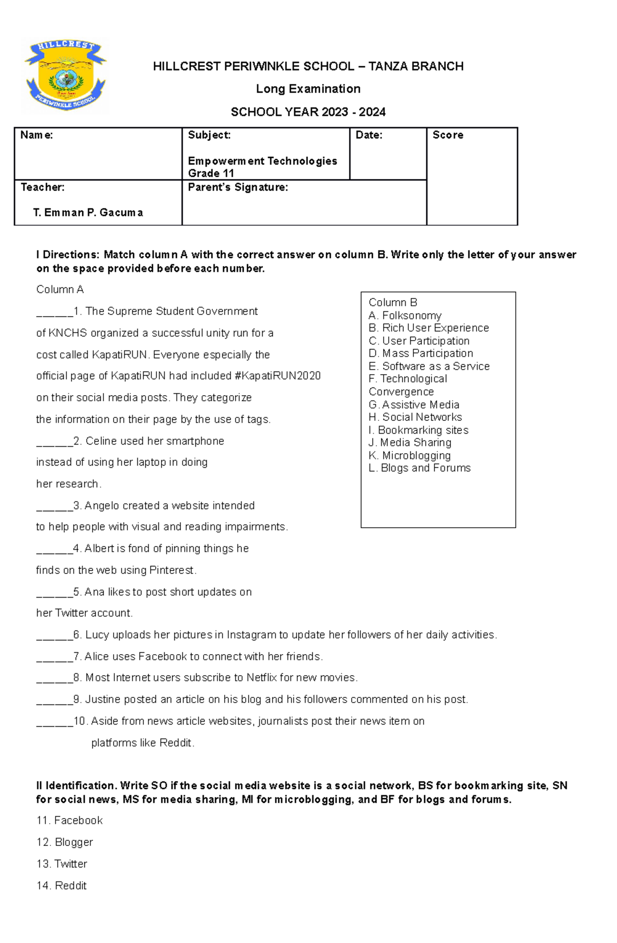 Long-Exam-SHS-Sir-Emman-Empowerment-MIL- ALL Strand - HILLCREST ...