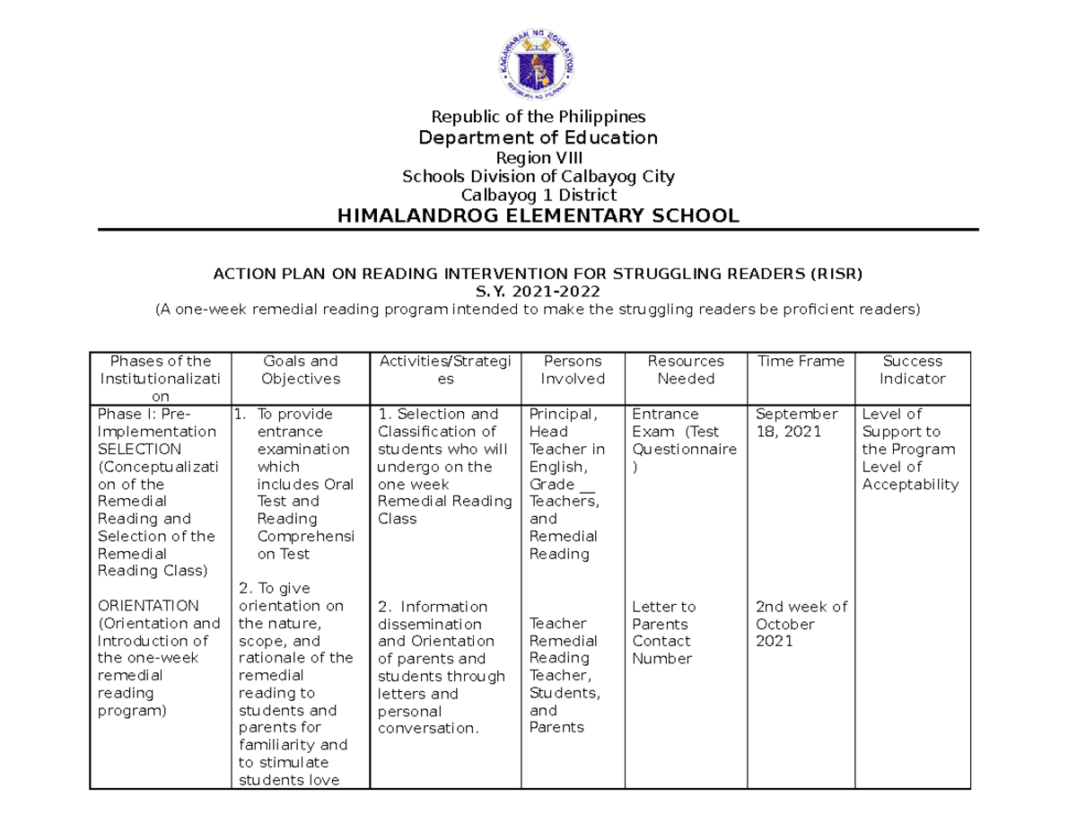 Action PLAN ON Reading Intervention FOR Struggling Readers - Republic ...