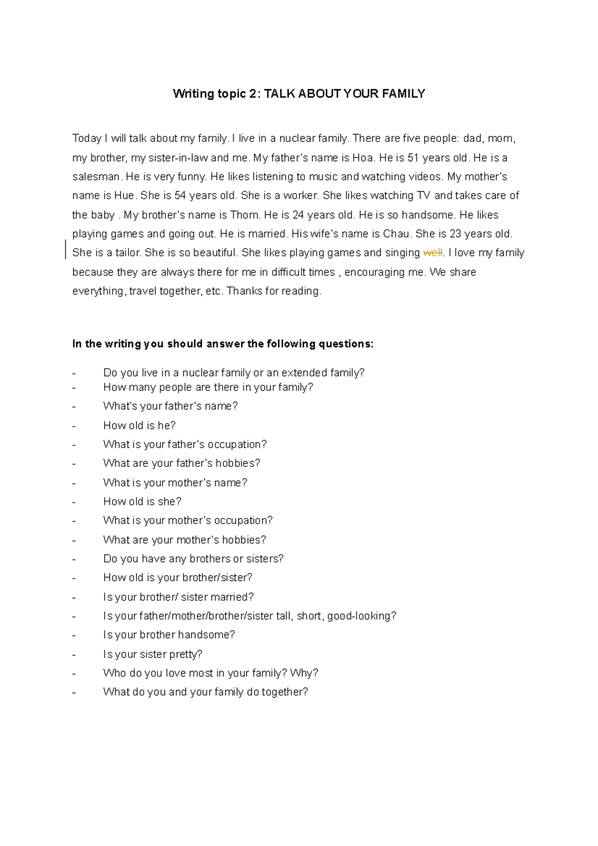 Homework 2 Writing topic 2 TALK About Family - Writing topic 2: TALK ...