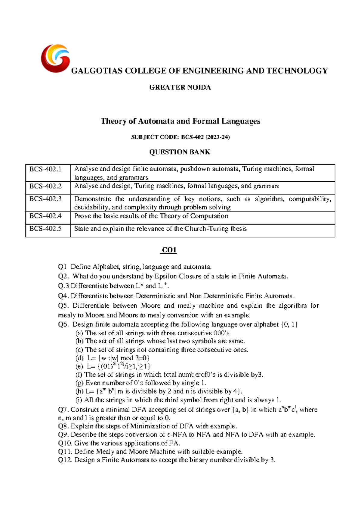 TAFL BCS402 Question Bank - GALGOTIAS COLLEGE OF ENGINEERING AND ...
