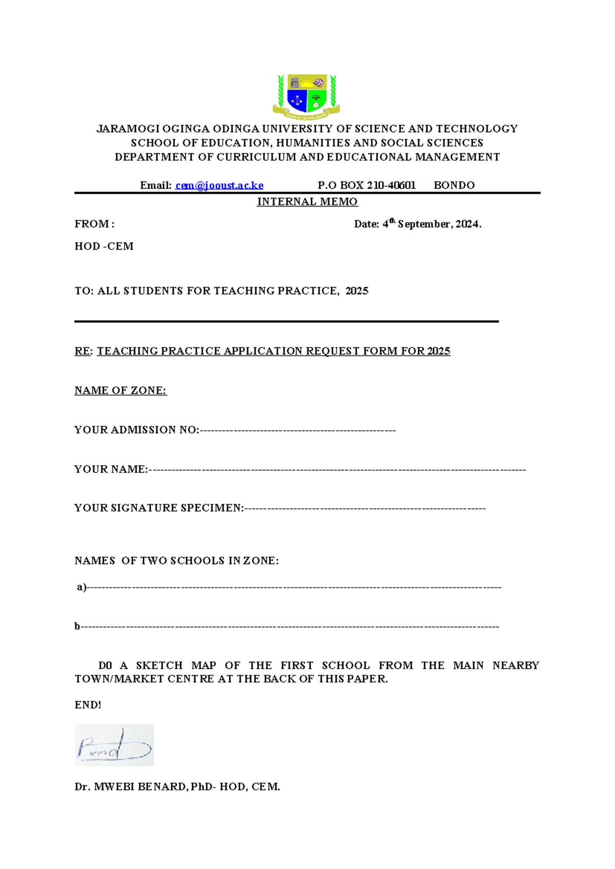 Teaching practice application Request - JARAMOGI OGINGA ODINGA ...
