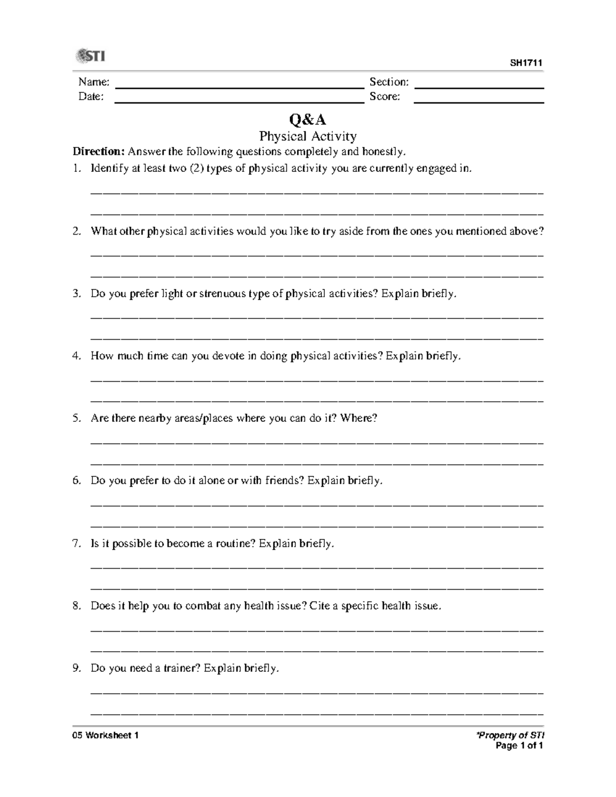 SH1711 - Physical Education and Health 1 05 Worksheet 1 - SH 05 ...