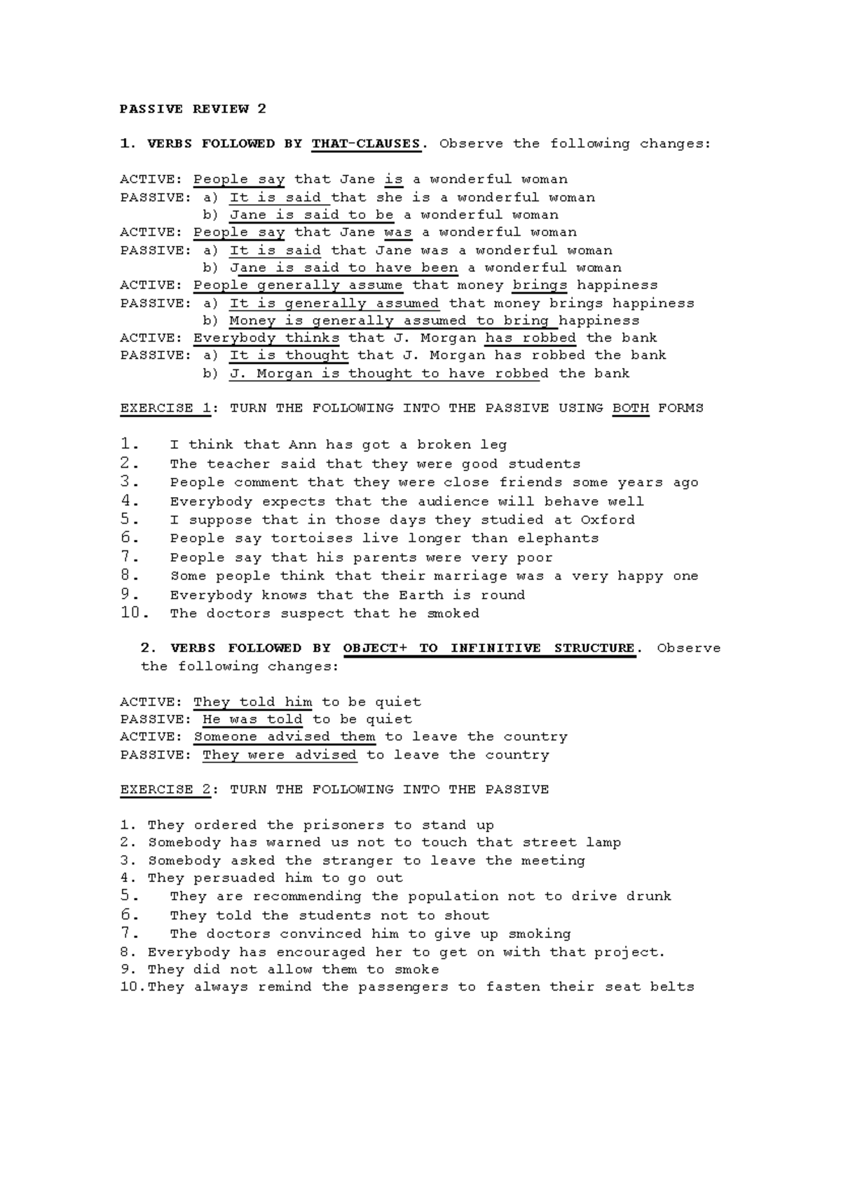 Passive 2 - libro de filosofía - PASSIVE REVIEW 2 1. VERBS FOLLOWED BY ...
