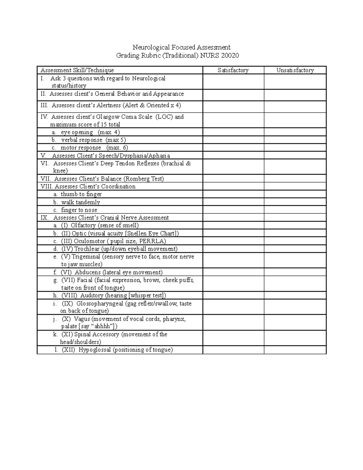 Neuro Focused Assessment - Neurological Focused Assessment Grading ...