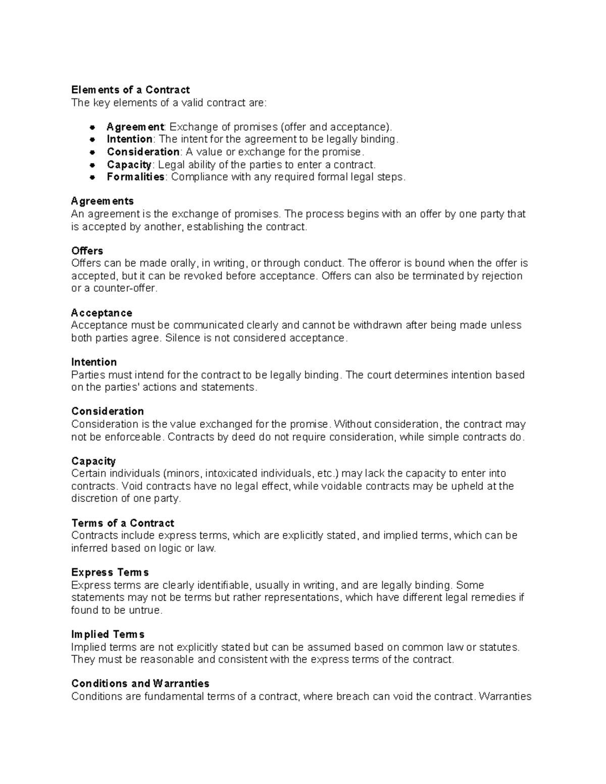 Shortened Legal Studies FA4 Notes- Contract Law - Elements of a ...