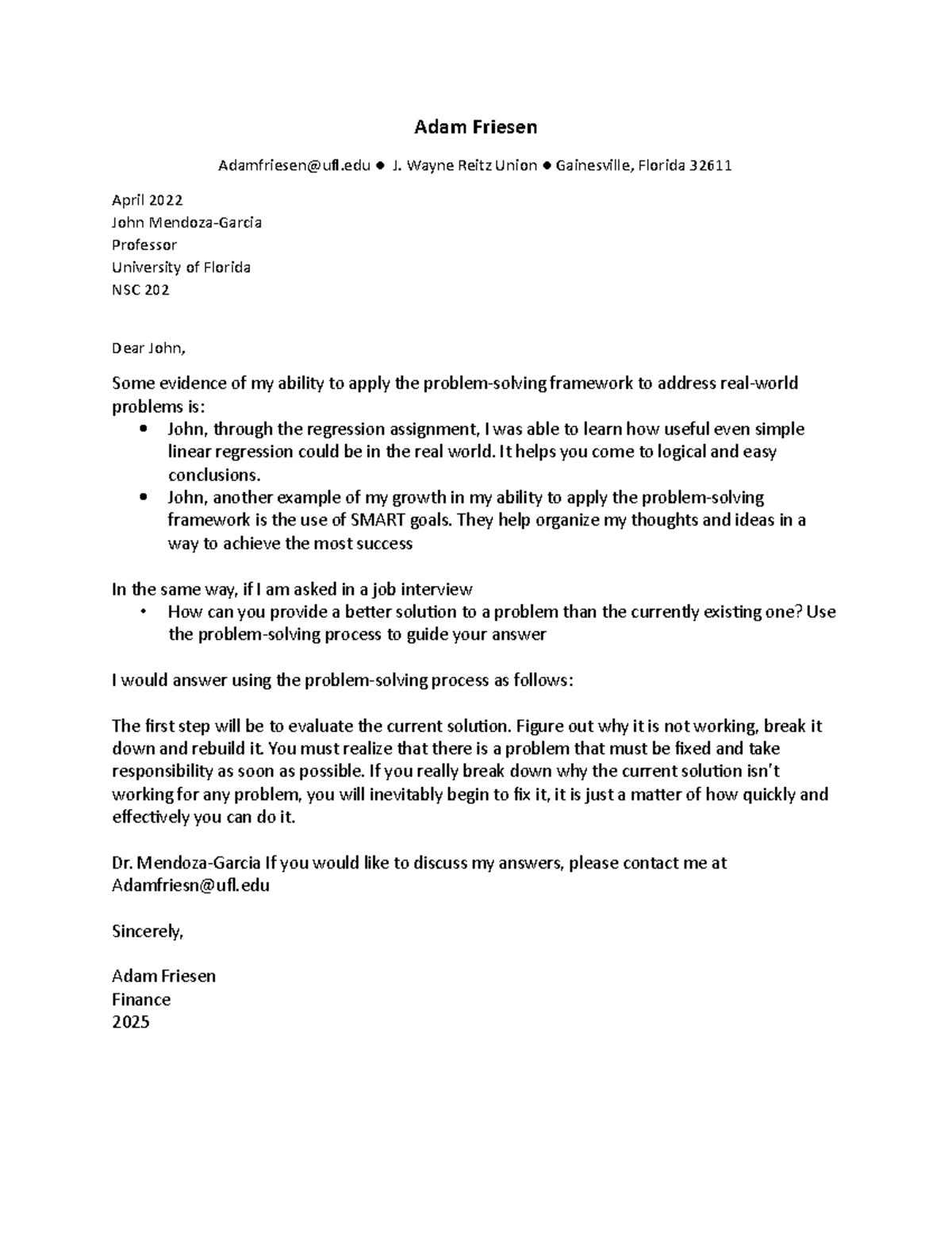 Adam Friesen - assignement in CGS - Adamfriesen@uf J. Wayne Reitz Union ...