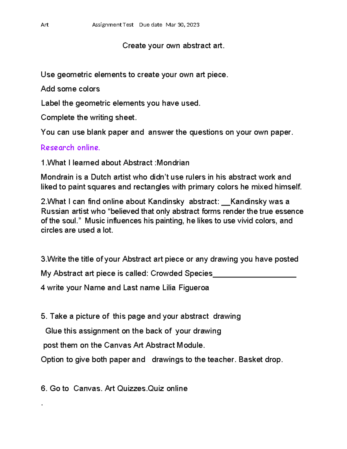 Copy of art test abstract - Art Assignment Test Due date Mar 30, 2023 ...