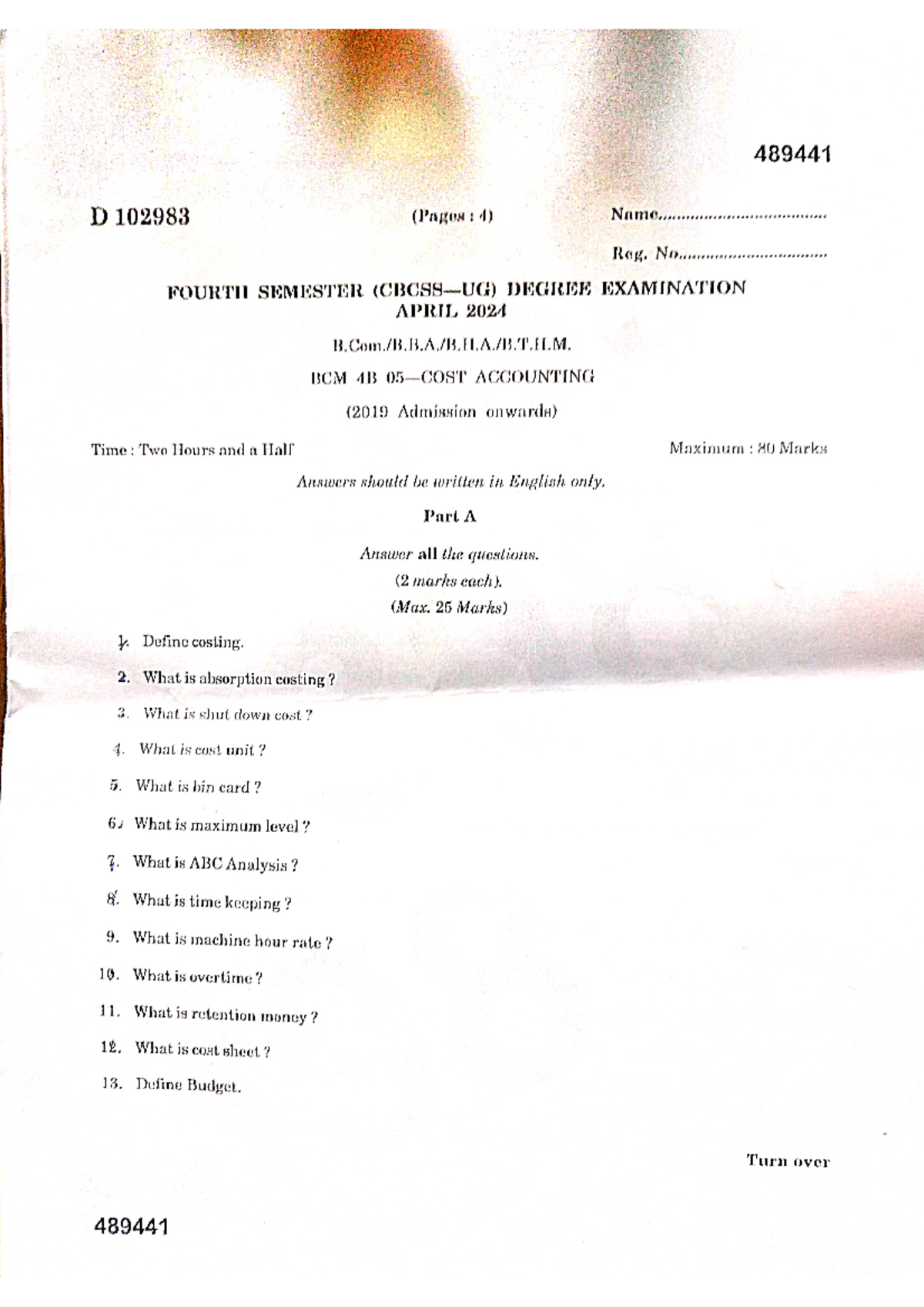 Cost accounting 2024 question paper bcom - 489441 D 102983 (Pages : 4 ...
