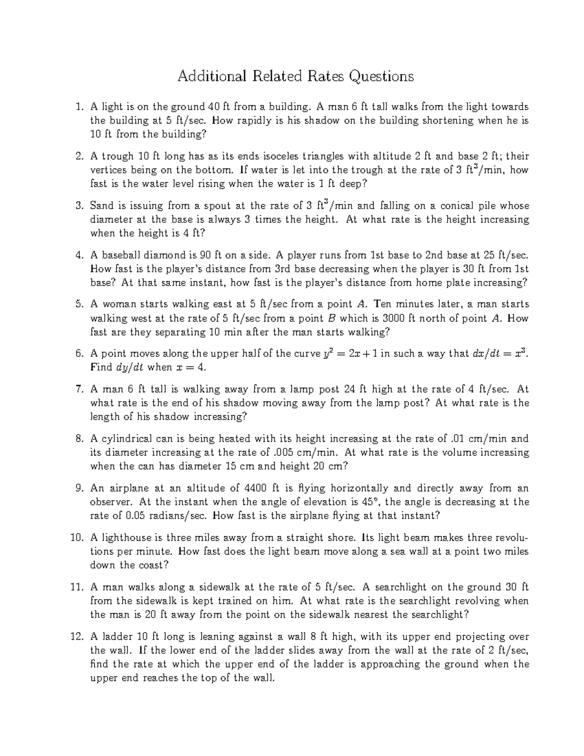 Related Rates Worksheet - Problems - Additional Related Rates Questions ...