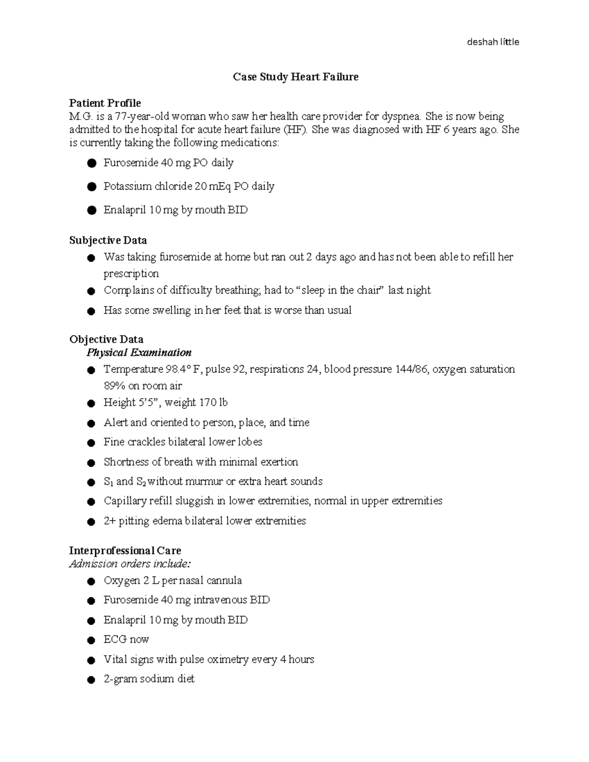 Heart failure-done - deshah little Case Study Heart Failure Patient ...