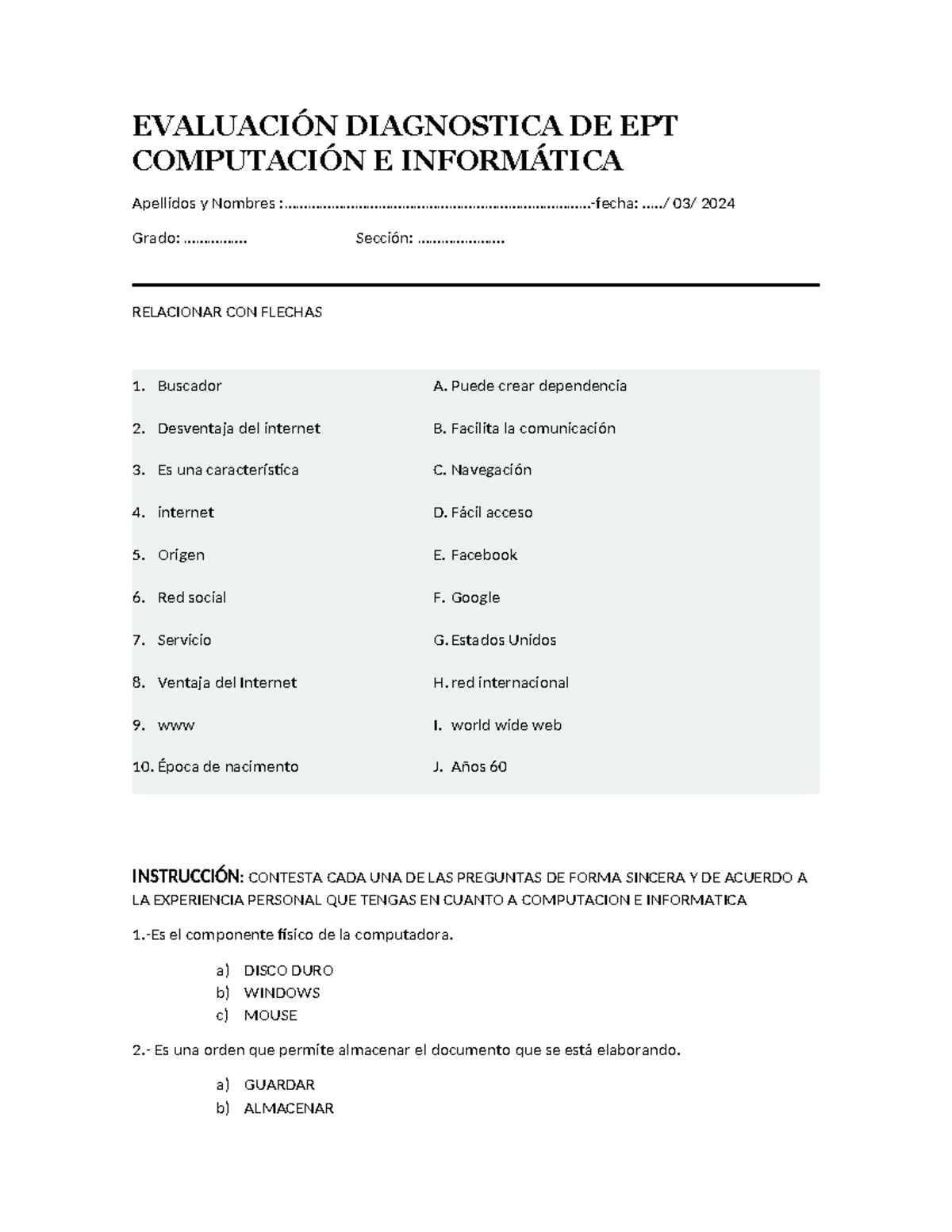 Evaluación Diagnostica DE EPT Computación E Informática - EVALUACIÓN DIAGNOSTICA DE EPT ...