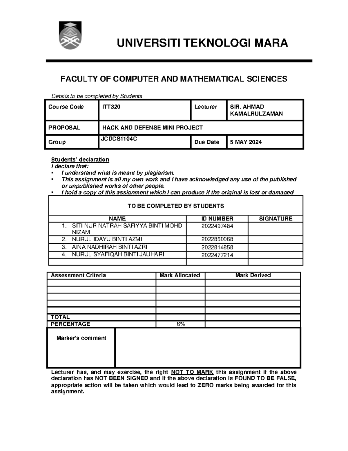 Front Cover Proposal - UNIVERSITI TEKNOLOGI MARA FACULTY OF COMPUTER AND MATHEMATICAL SCIENCES ...