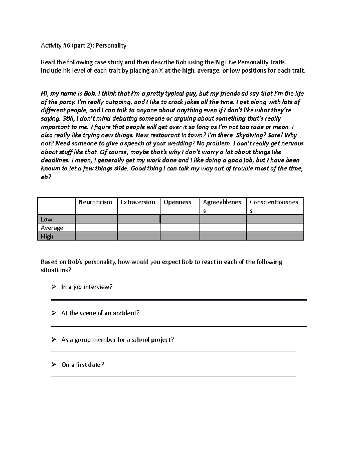 Activity 6 Personality worksheet part 2 - Activity #6 (part 2 ...