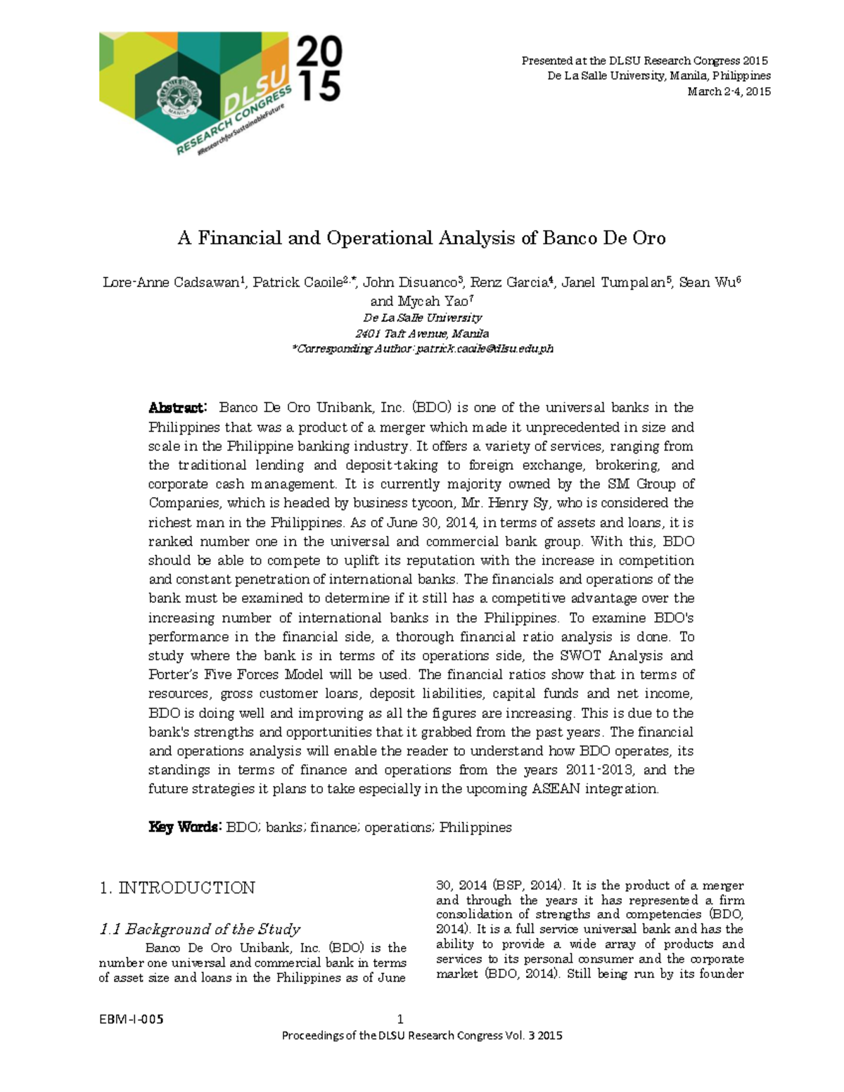 BDO-Case - Doing assignment - EBM-I-005 1 De La Salle University, Manila, Philippines March 2-4 ...